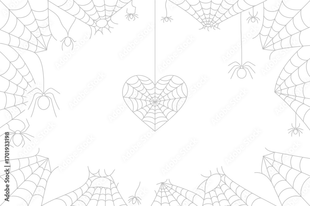 White background with spiderwebs and spiders framing a heart shaped web ...