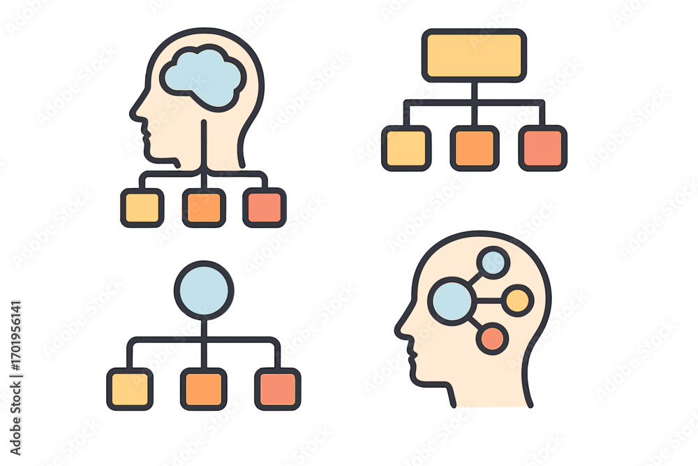 Mind map and hierarchy icon set for UI/UX design. Vector flowchart ...