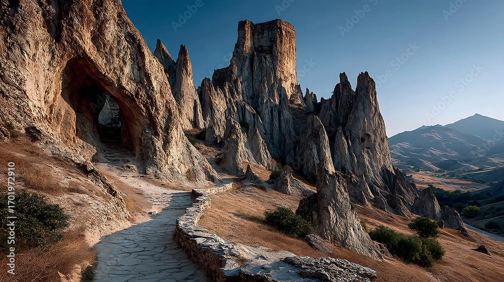 Ancient stone pathway leads to mysterious cave entrance amidst dramatic ...