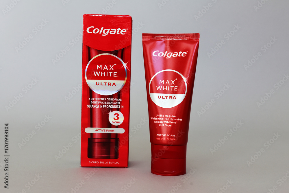 Italy – September 13, 2025: Colgate Max White Ultra toothpaste, deeply ...