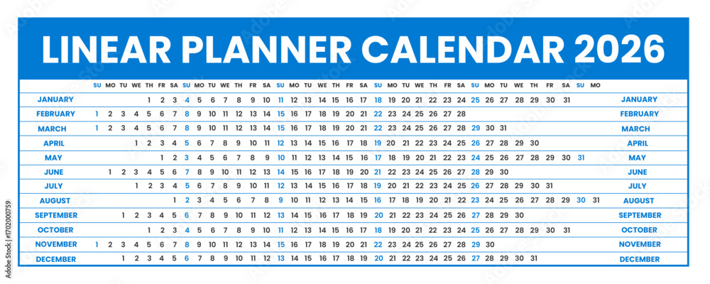 blue and black color Linear planner calendar for 2026. Horizontal or ...