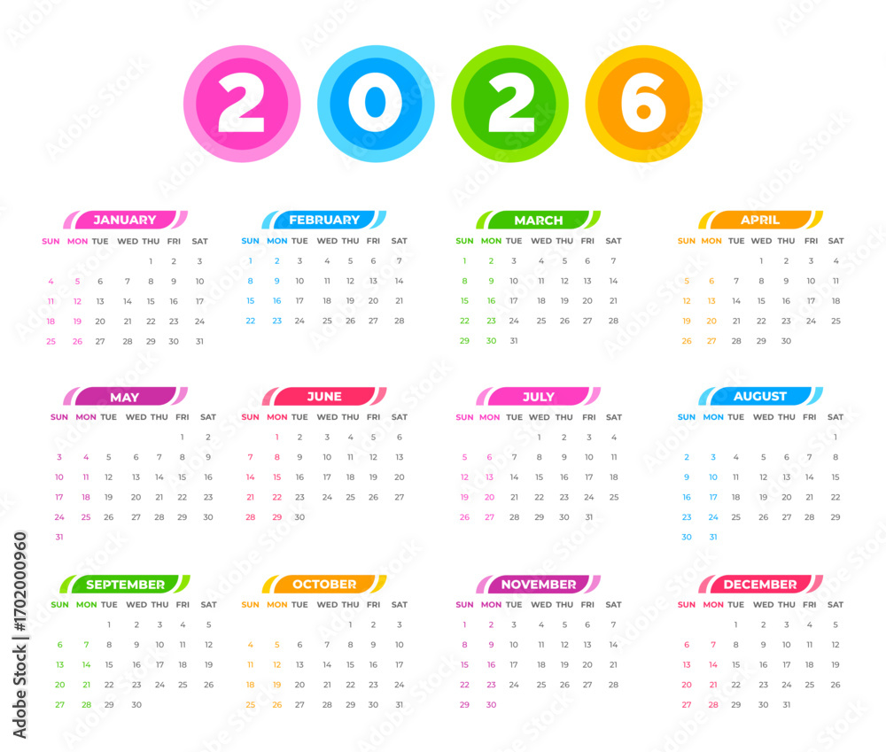 colorful Calendar 2026, 2026 calendar week start on Sunday and Annual ...