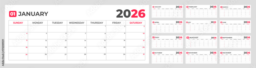 wall or desk simple 2026 Planner Calendar bundle with week start on ...