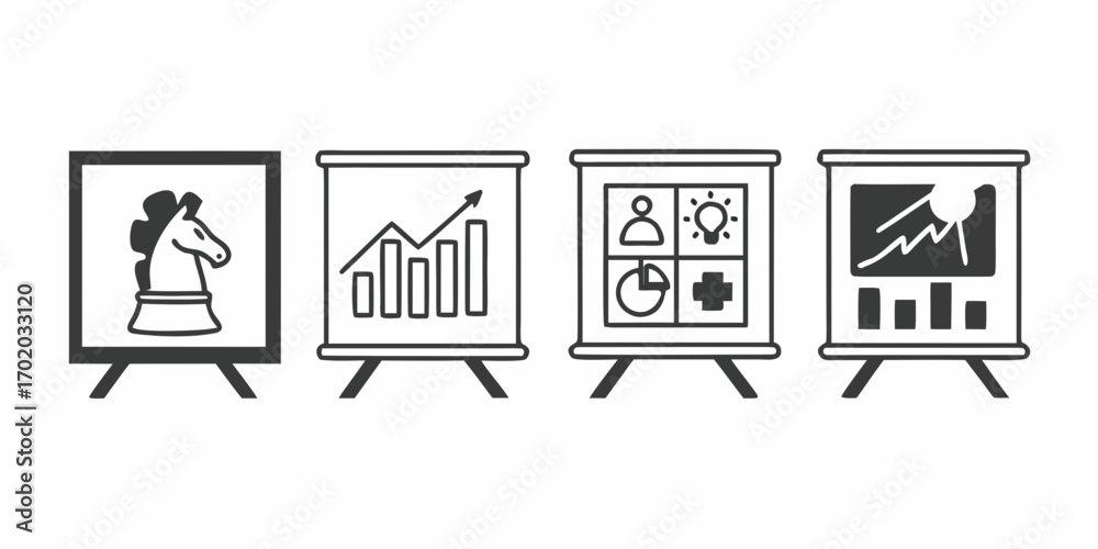 Four presentation boards displaying a chess knight, graph, charts, and ...
