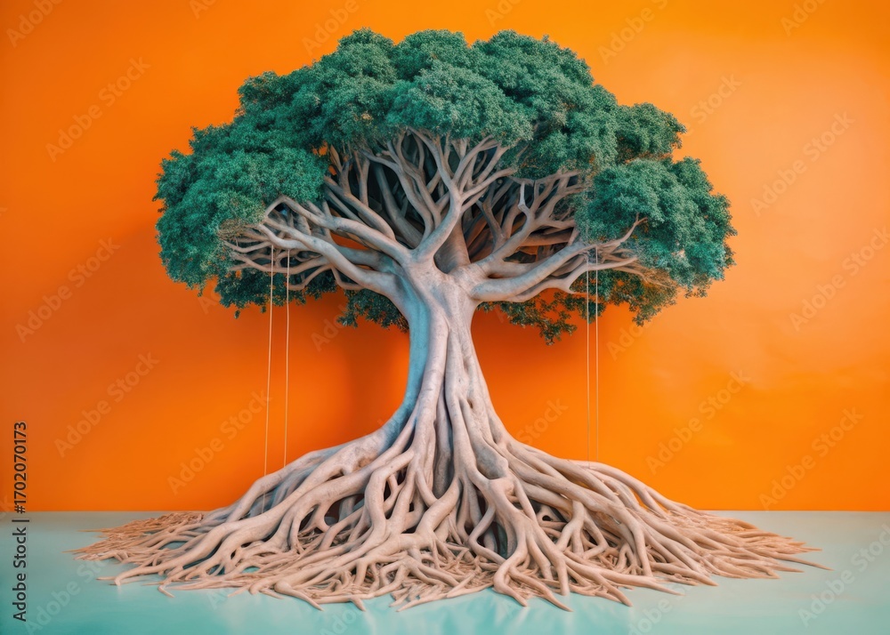 Ancient tree with sprawling aerial roots stretching down towards the ...