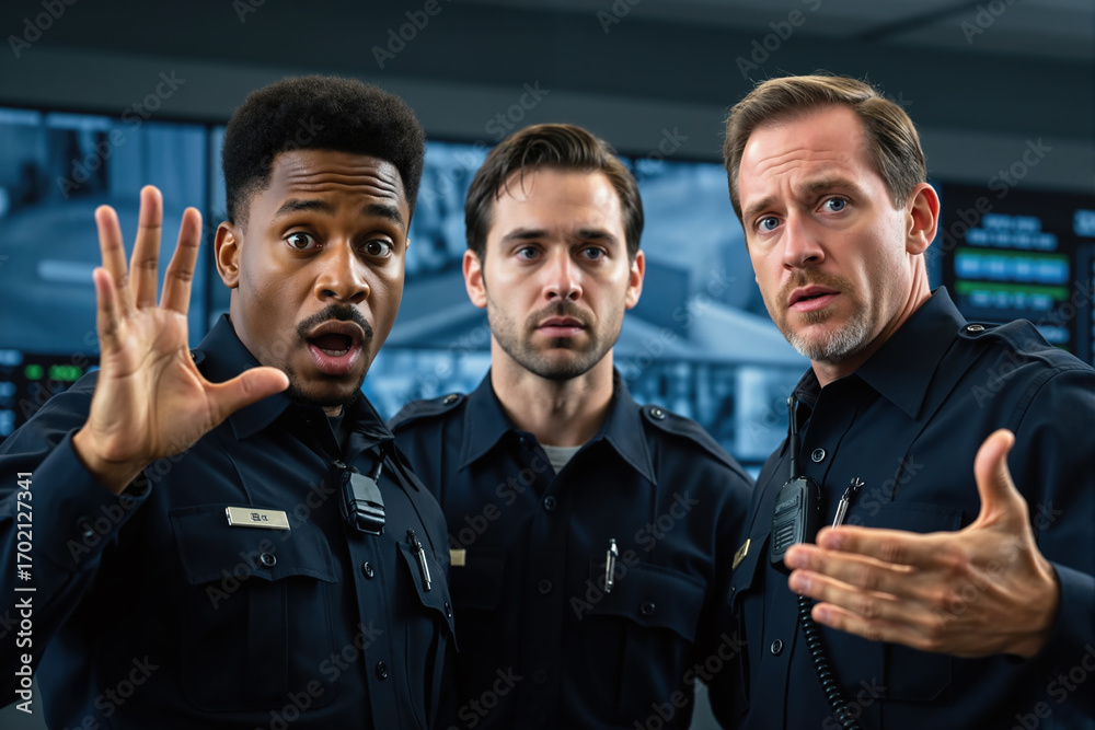 Stock-Foto „Three men in security uniforms stand together, shocked and ...