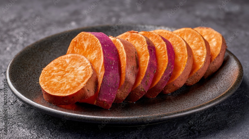 Sequence of sweet potato from field to roasted slices on a minimal ...