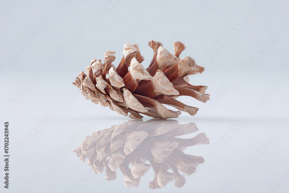 pine cone rests gracefully on pure white background reflecting ...