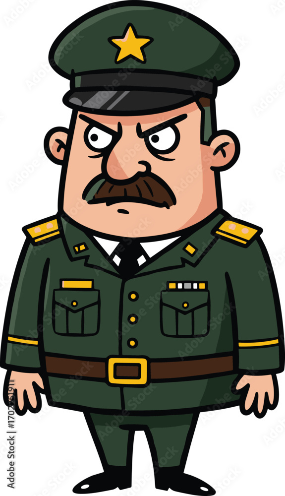 Cartoon illustration of angry military officer in uniform with hat ...