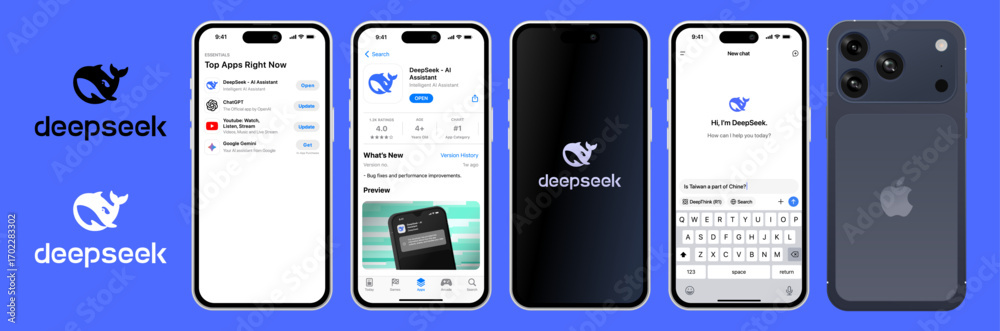 DeepSeek AI app template UI 2025 displayed on iPhone 17. Futuristic mobile design, sleek ...