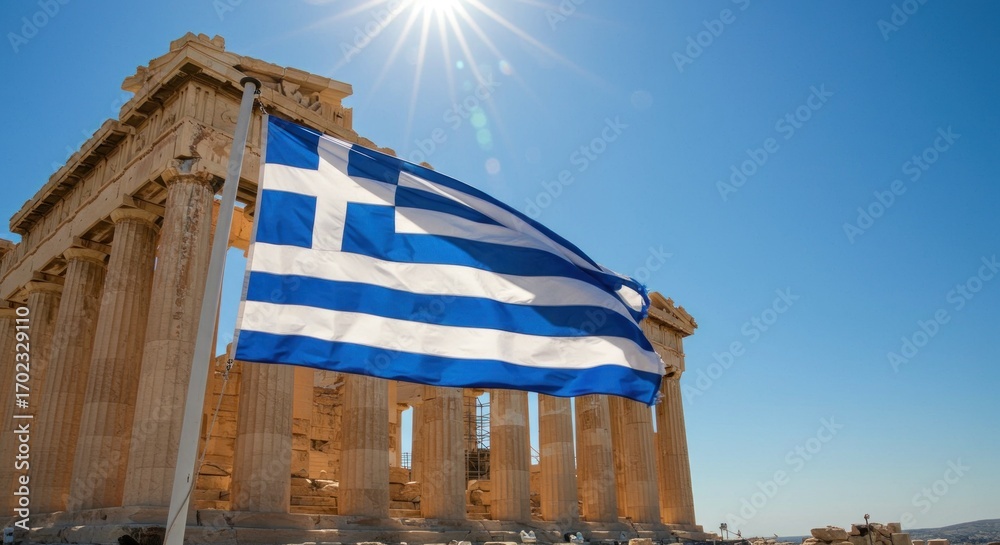 Greek flag waves in front of ancient Parthenon columns under a sunny ...