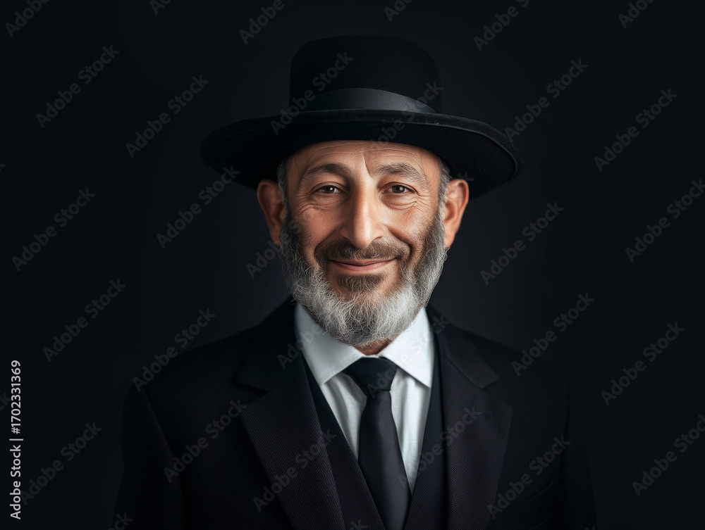 Studio shot portrait of Jewish man wearing traditional black hat and ...