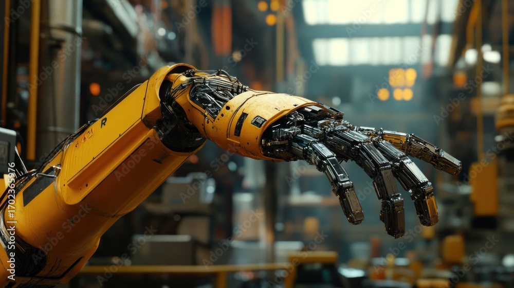 Industrial robot arm reaching out in a factory setting. Detailed close ...