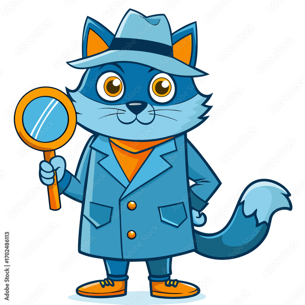 Cartoon cat detective with trench coat and magnifying glass solving ...