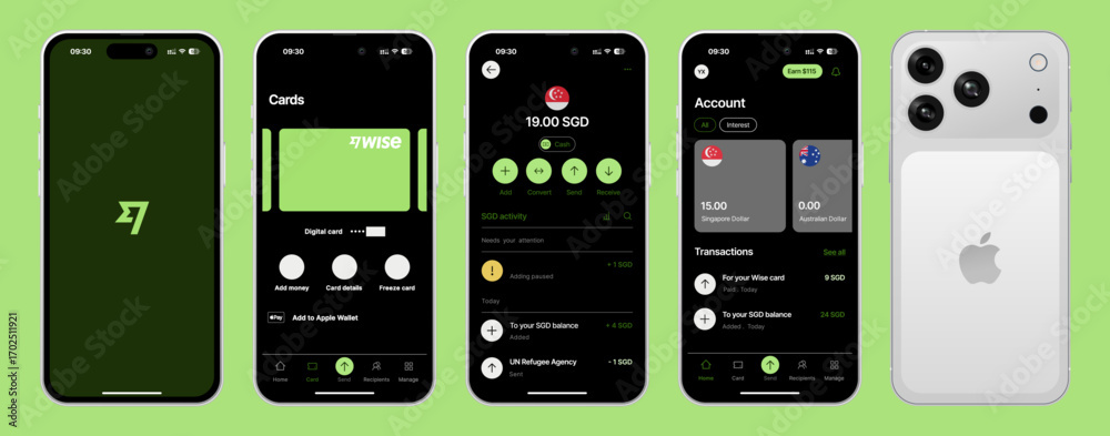 Wise Neo Banking UI template 2025 update shown on iPhone 17 in dark ...