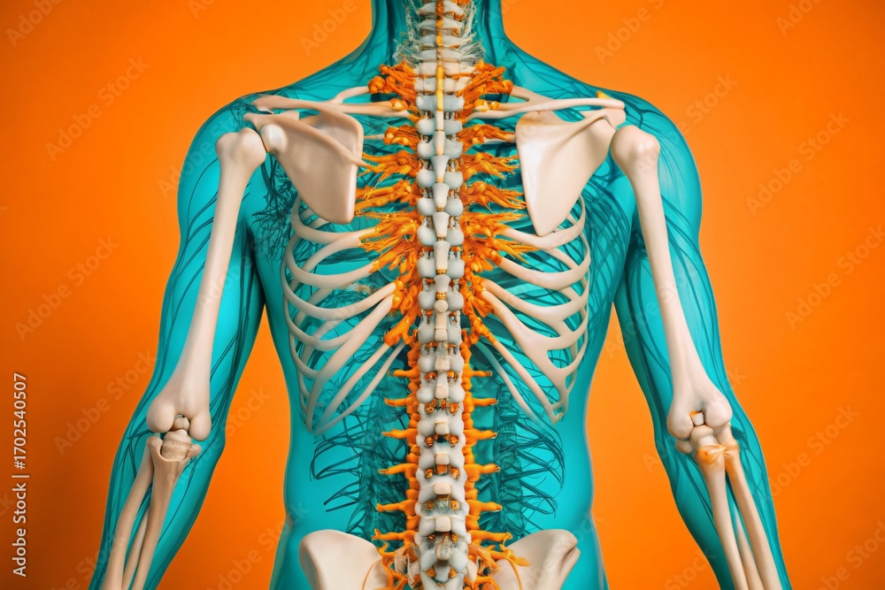 Anatomical illustration of the human skeletal system, highlighting the ...