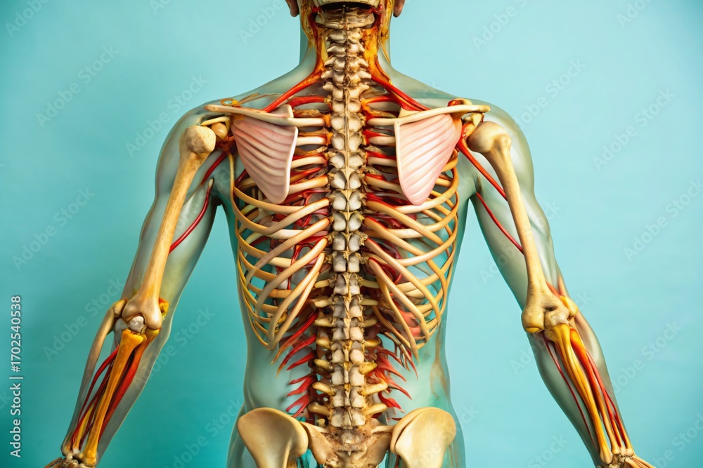 Anatomical illustration of the human back showing bones, muscles, and ...