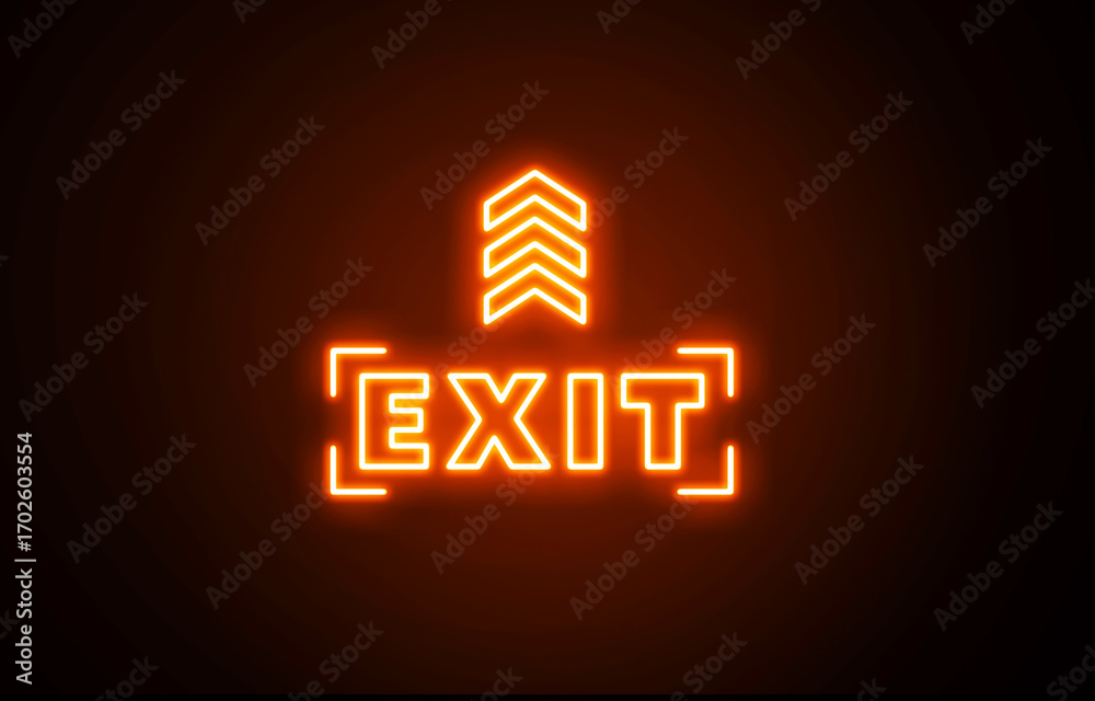 Upside neon glowing orange and fire color emergency exit icon on black ...