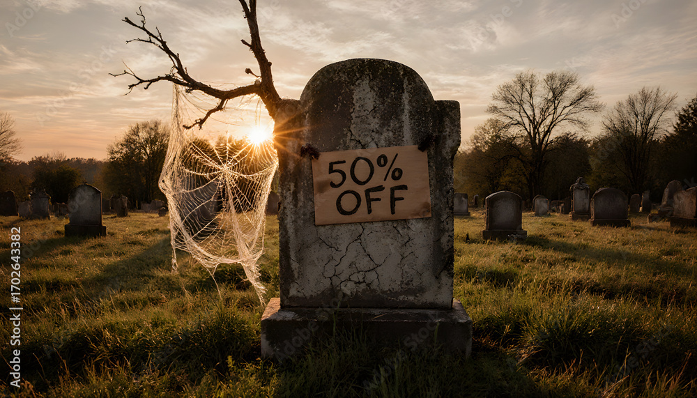 Gravestone with 50% off sign and spiderweb in Halloween setting Stock ...