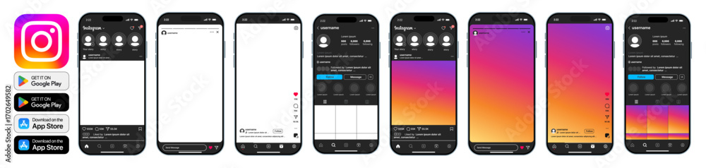 Instagram Dark Mode UI Mockup with Post Reels Story Profile Page Icons ...