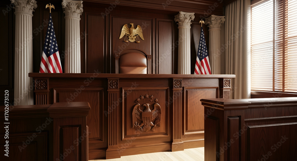 Interior of a traditional courtroom with judge s bench american flags ...