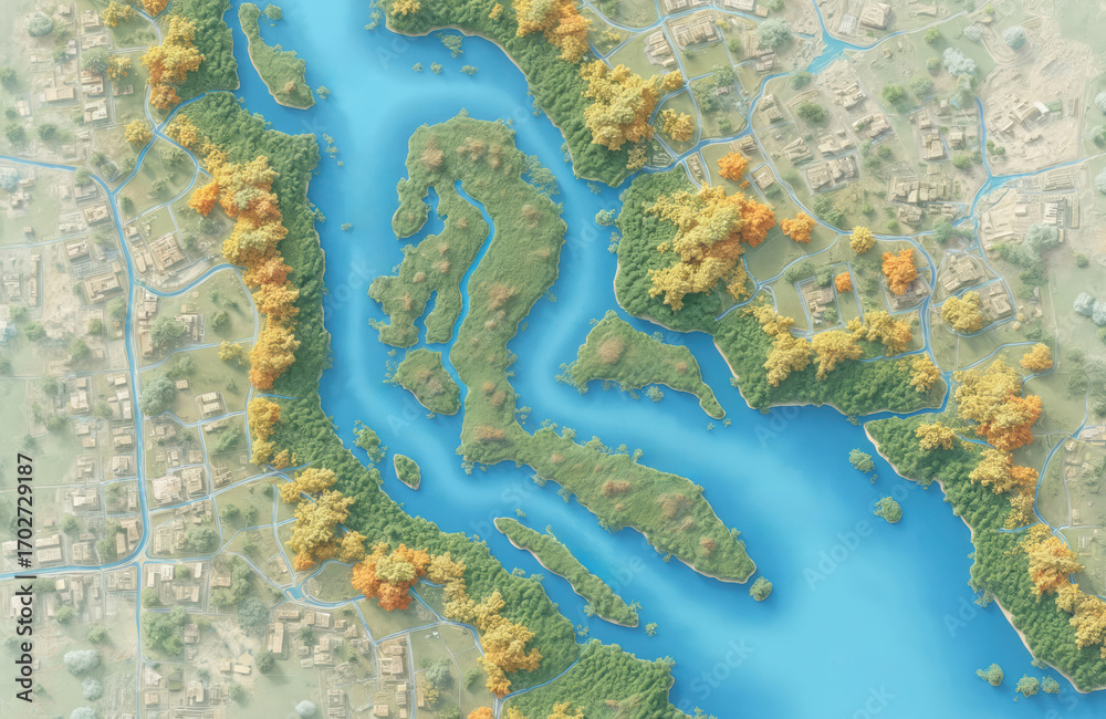 Conceptual floodplain zoning map shows land use, flood risk in river basin area near urban ...