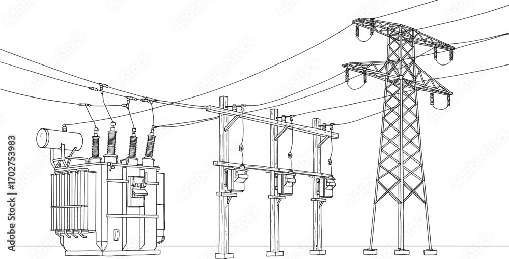 Electrical transformer line art, wooden utility poles, high-voltage ...