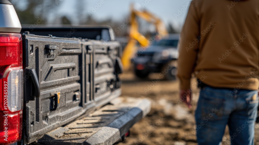Photo Stock Open tailgate of pickup truck at a construction site ...