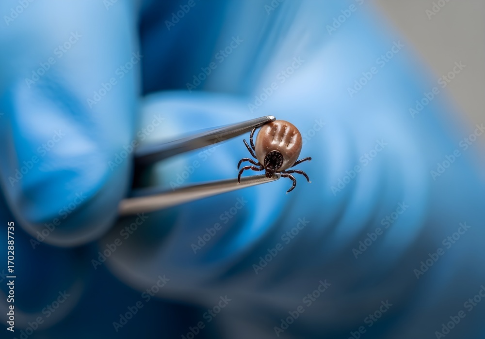 Examining Lyme disease tick with tweezers by gloved hand in medical lab ...