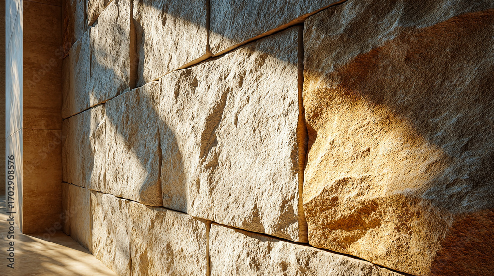 Beige stone wall shows rough textures and linear shadows. Useful for ...