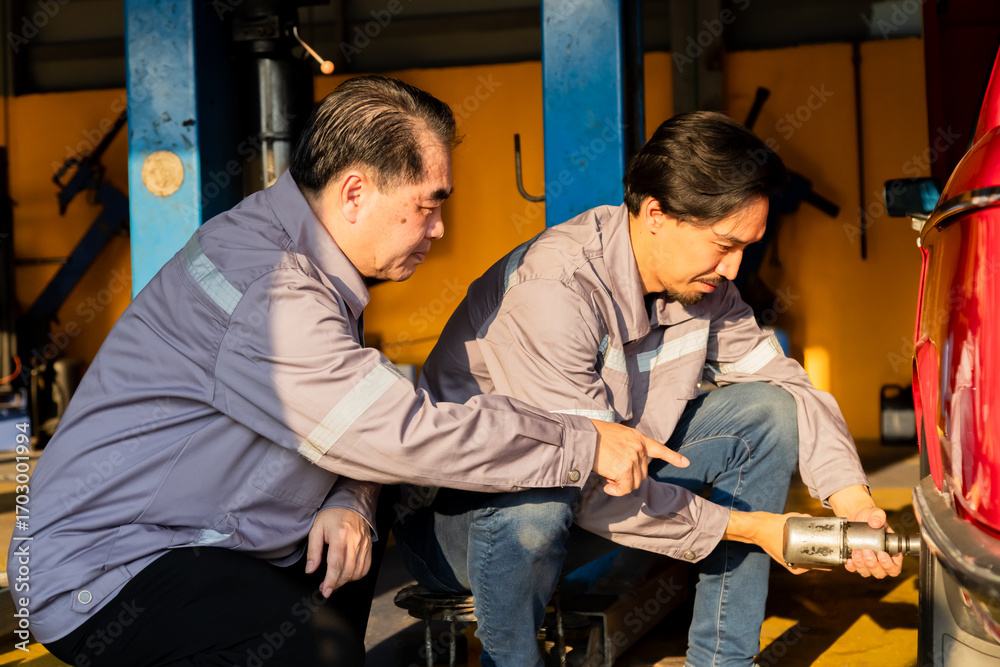 Two mechanics under car lift discussing inspection, teamwork between ...