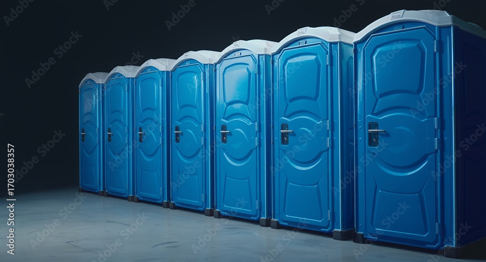 Row of blue portable toilets in a dark setting Stock Photo | Adobe Stock