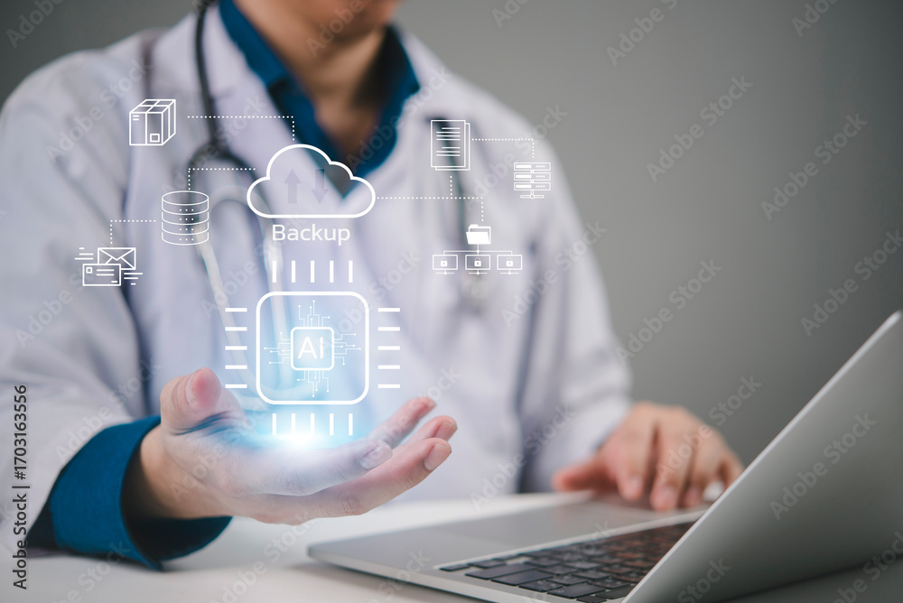 AI, healthcare doctor demonstrates cloud backup for medical data and ...