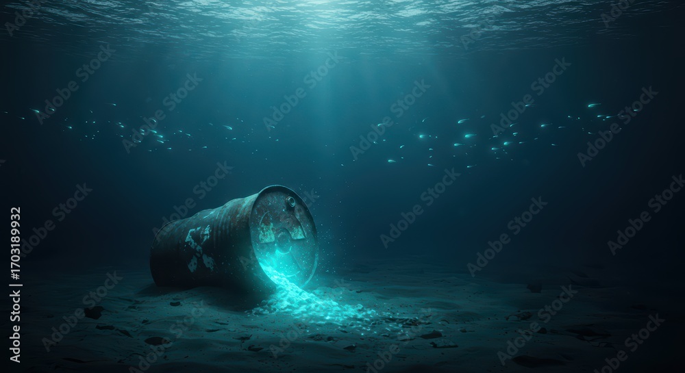 Nuclear barrel on ocean floor. Radioactive waste pollution. Aquatic ...