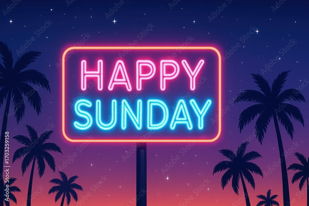 Happy Sunday neon illustration with glowing pink and blue text, palm ...