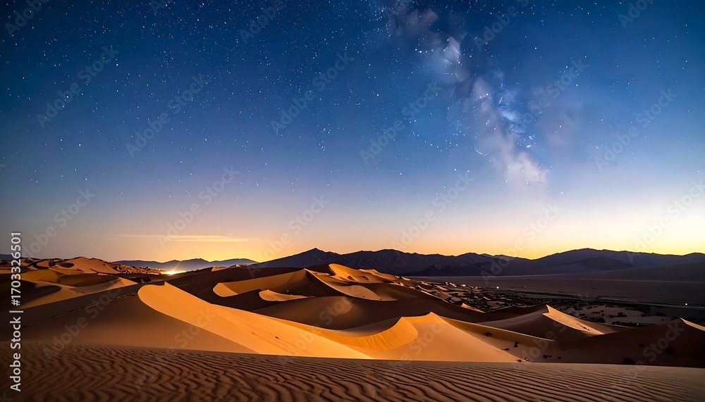 Nightscape over desert dunes under a starry sky, milky way visible ...