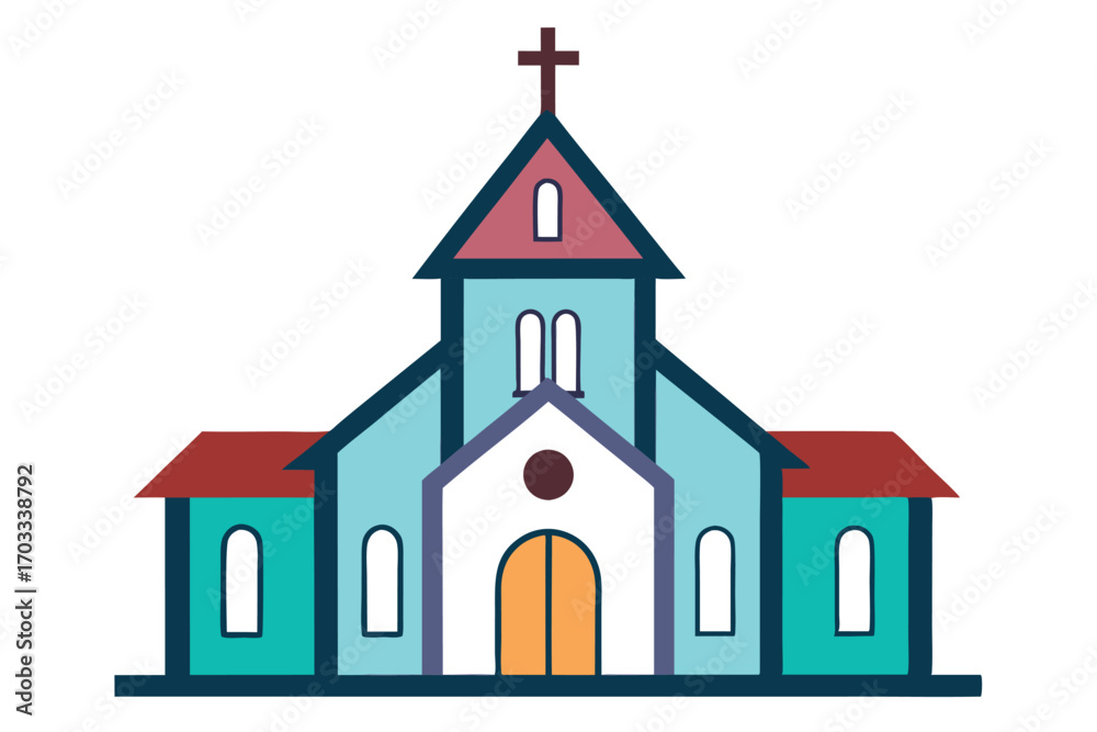 Cute church shows light blue architecture with a brown cross and light ...