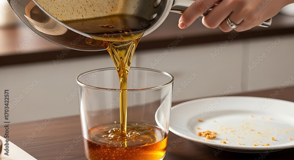 Pouring Golden Liquid from Pan into Glass - Cooking Process. Stock ...