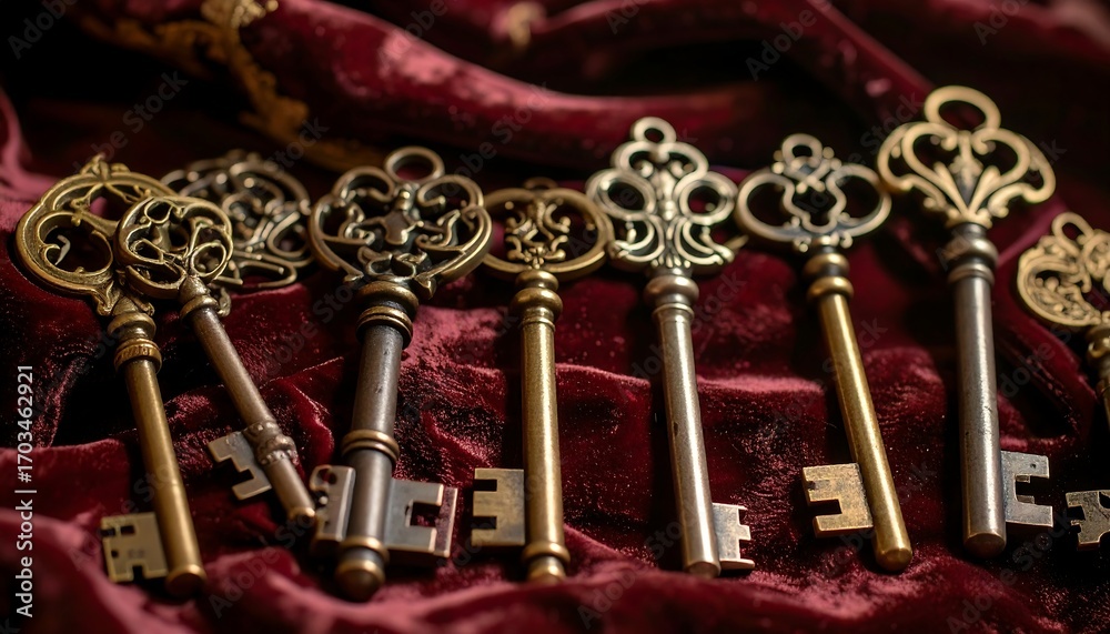 Row of antique, ornate keys on rich, red velvet. Each with unique ...