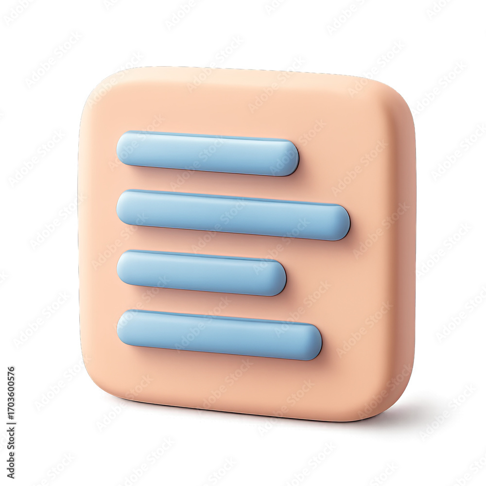 Soft peach rounded square 3D volumetric list icon with four glowing ...