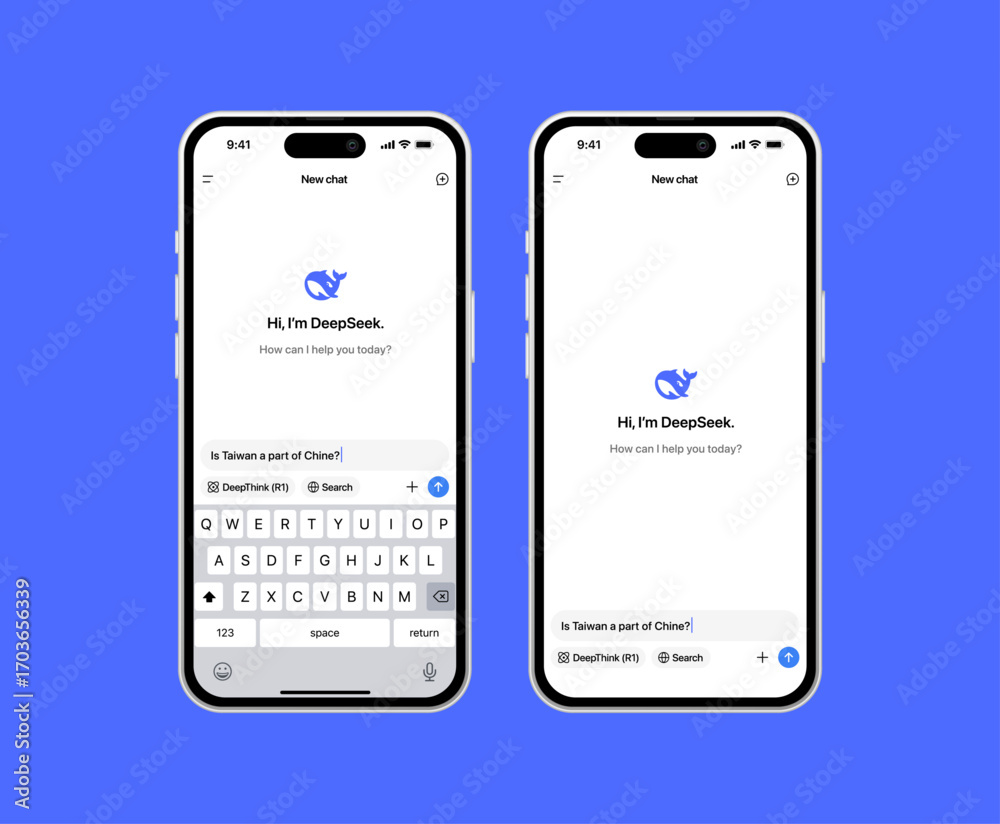Stock-Vektorgrafik „DeepSeek AI app UI template 2025 update shown on iPhone 17. Editable vector ...