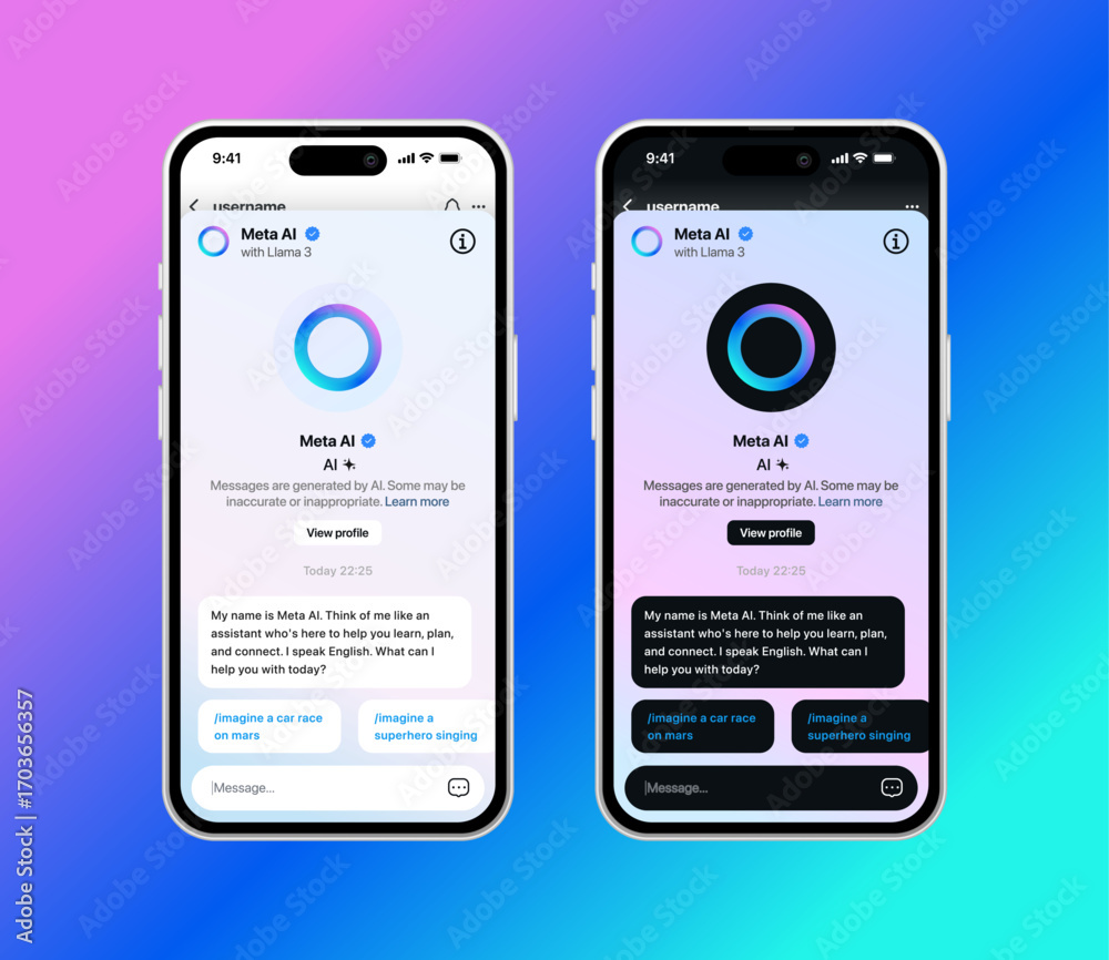 Instagram Meta AI app UI template 2025 update shown on iPhone 17. Editable vector mockup ...