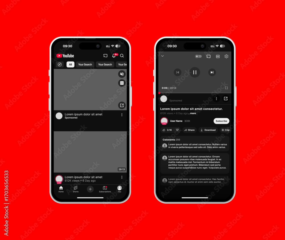YouTube UI template 2025 update shown on iPhone 17. Editable vector ...