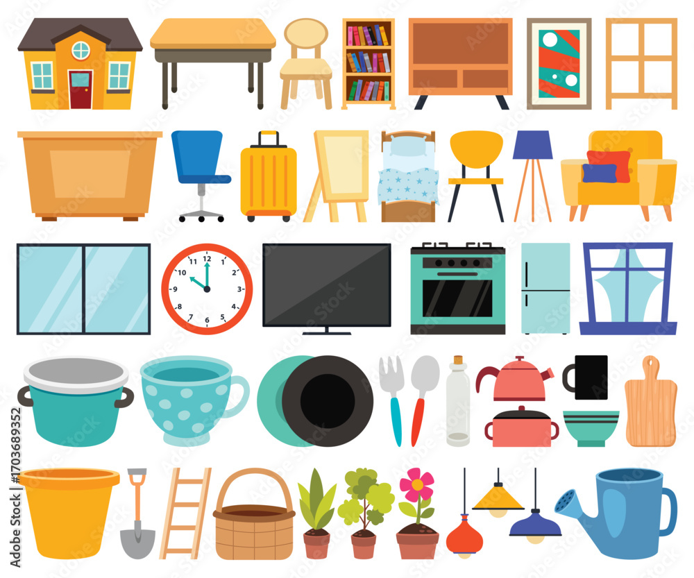 Set Of Various Home Objects Stock Vector | Adobe Stock