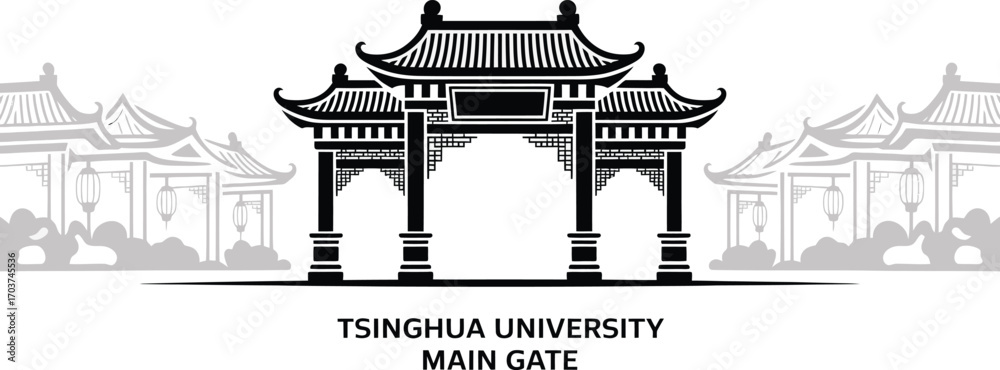 Tsinghua University Main Gate Silhouette Vector Illustration with ...
