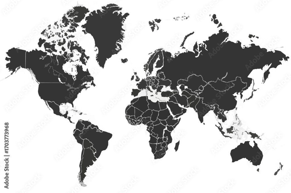 Detailed world map illustration showing continents and country borders ...
