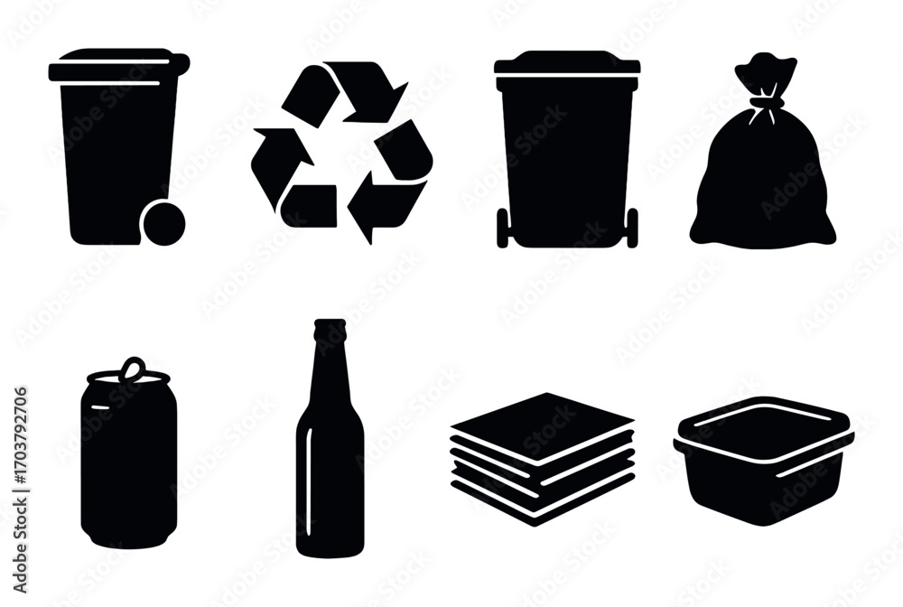 Silhouettes of waste management symbols with recycling and trash icons ...