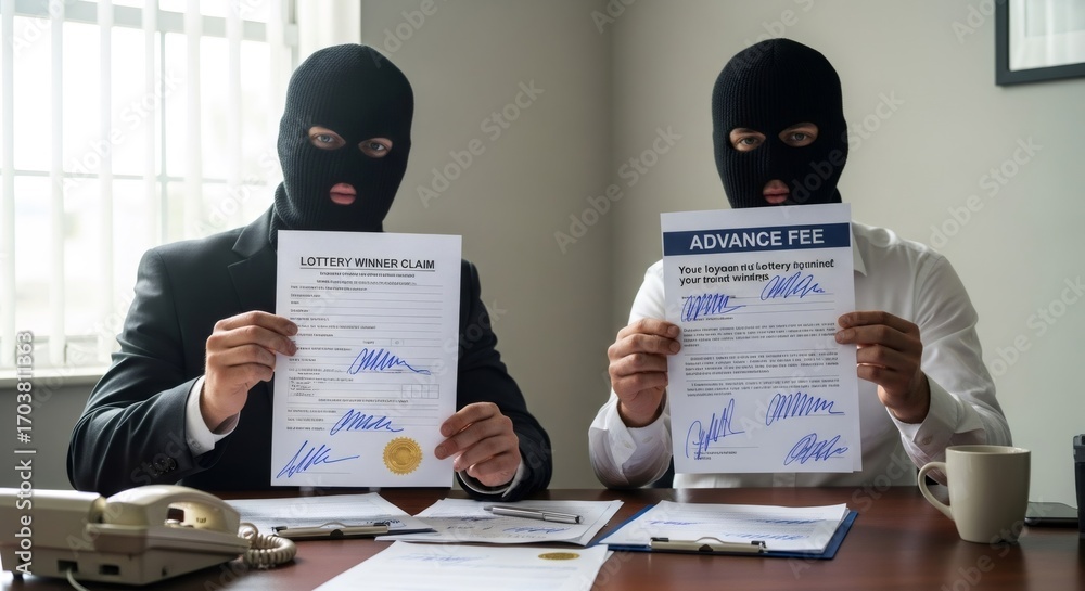 Two men in balaclavas holding fraudulent lottery winner claim and ...