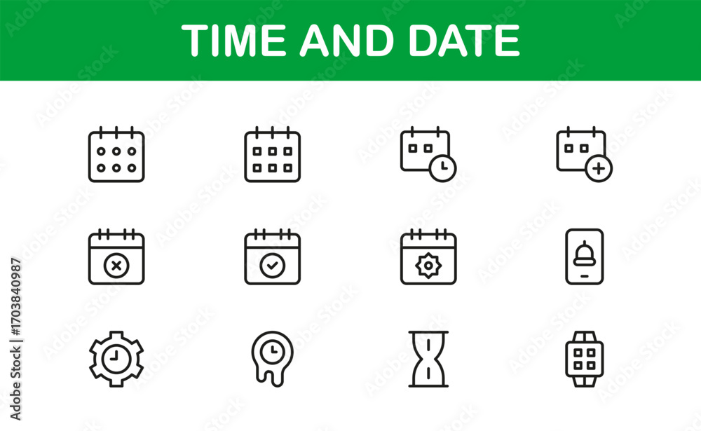 Flat date and time icons that can be used on clocks, calendars, and ...