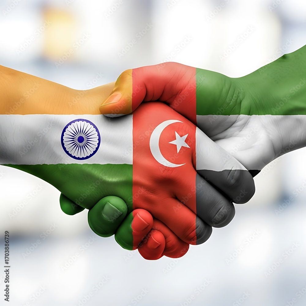 A diplomatic handshake, featuring the flags of India and the UAE ...